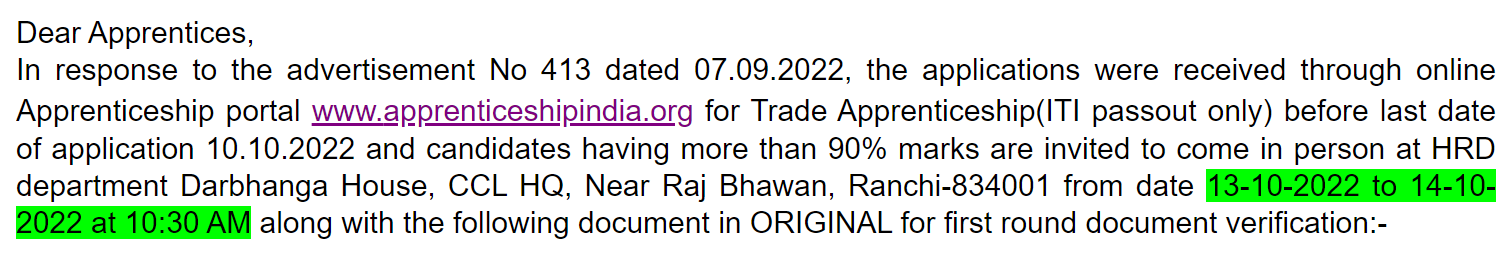 CCL Ranchi First Round Apprentice Document Verification 2022, 10th, ITI ...