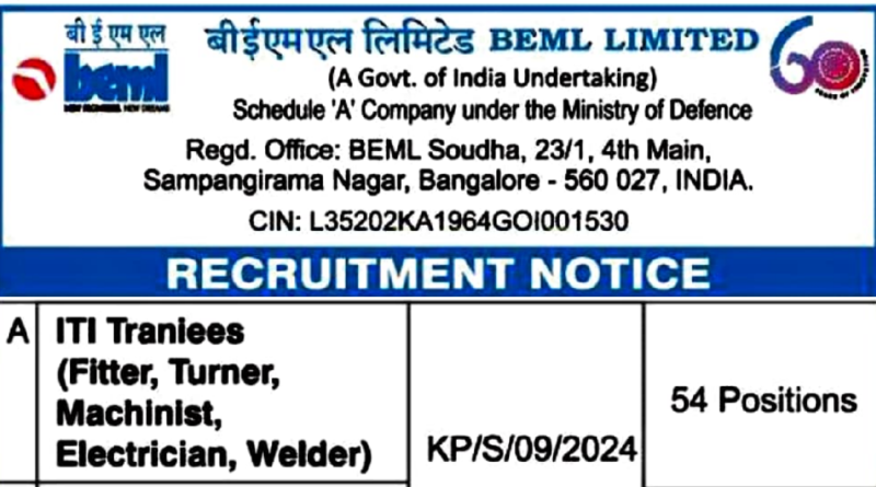BEML Recruitment 2024, ITI, Diploma, Bachelor’s Degree vacancy 2024 ‣ Anil Sir ITI