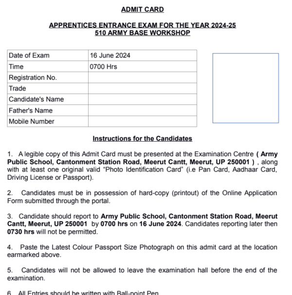 510 Army Base Apprentice 2024 Admit Card out ‣ Anil Sir ITI