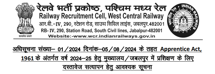 WCR Apprentice 2024 New Merit list and Call letter form Head Quarter ‣ Anil Sir ITI