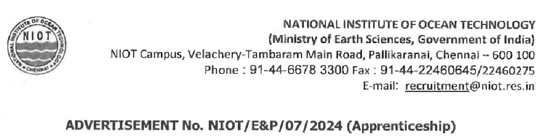 NIOT Apprentice Recruitment 2024, Graduate & Diploma Latest Vacancy ...