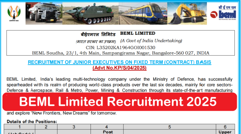 BEML Limited Recruitment 2025, Junior Executive Vacancy 2025 ‣ Anil Sir ITI