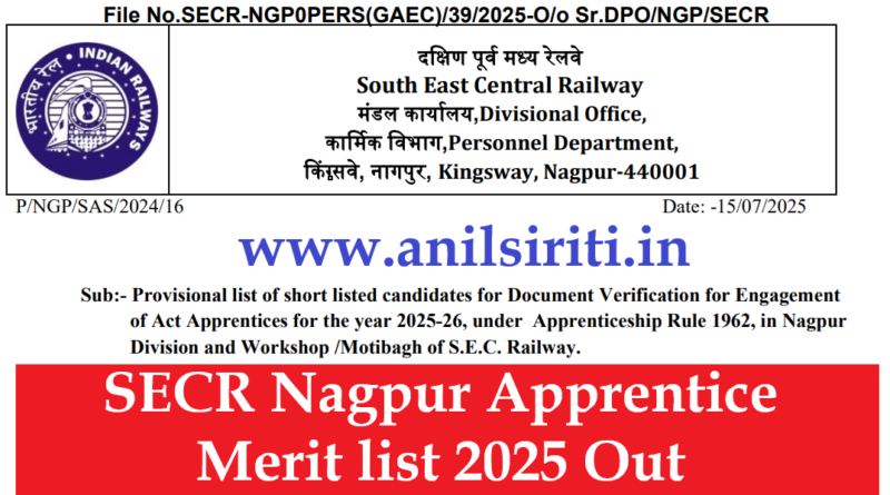 SECR Nagpur Apprentice 2025 Merit list out ‣ Anil Sir ITI